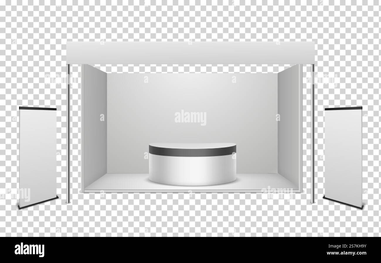 White exhibition booth. Blank exhibition stand with stage podium for ...