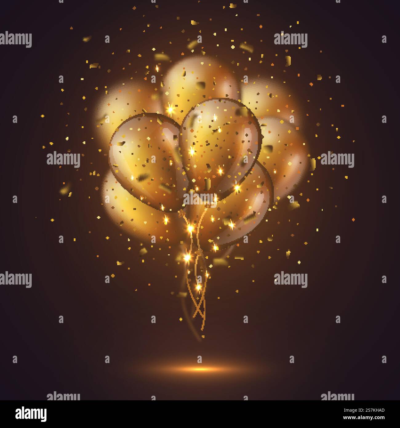Realistic 3D glossy golden ballons with confetti and glowing lights ...