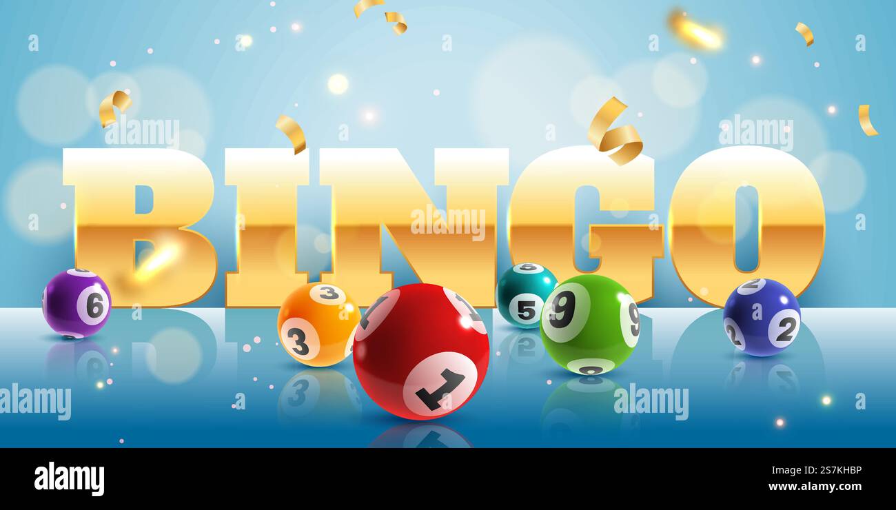 Bingo realistic lottery balls and golden confetti poster with text hi ...