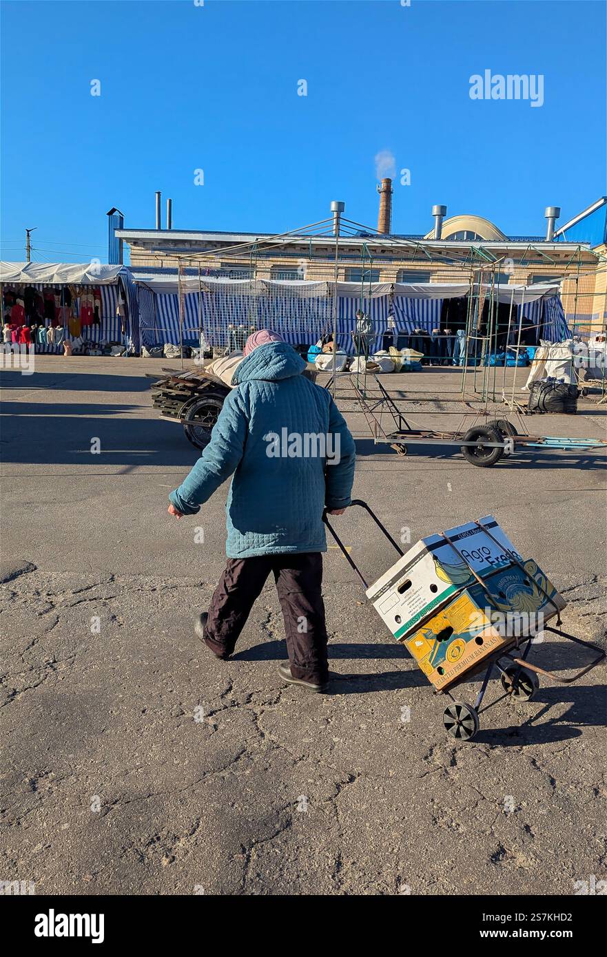 Bila Tserkva, Ukraine, 2025.01.19: A grandmother with a grocery cart ...
