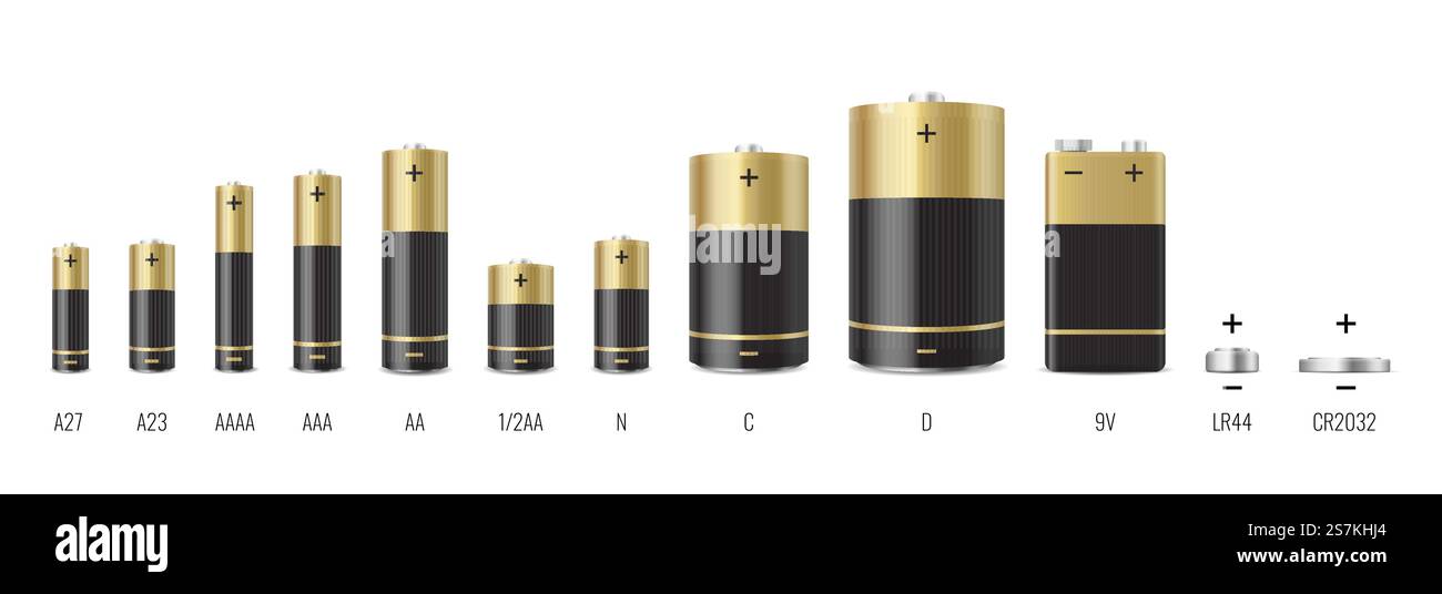 Alkaline batteries realistic set. Different types of batteries isolated ...