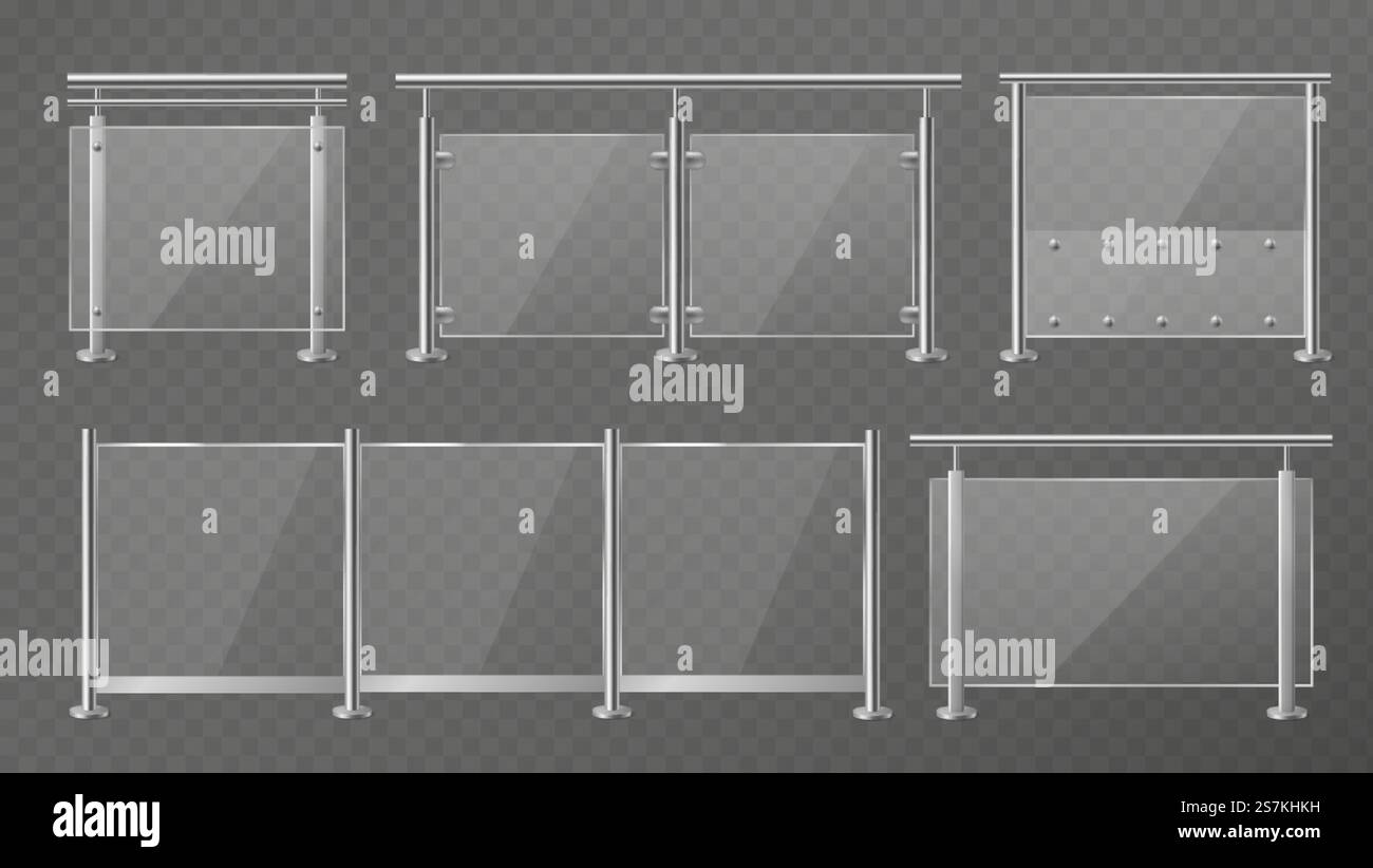 Glass fence. Transparent fencing sections with steel pillars, metal ...