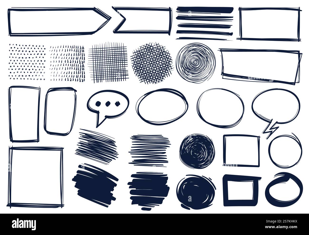 Doodle shapes. Pencil sketch textures and arrows, speech bubbles, borders and marks. Strokes and ...
