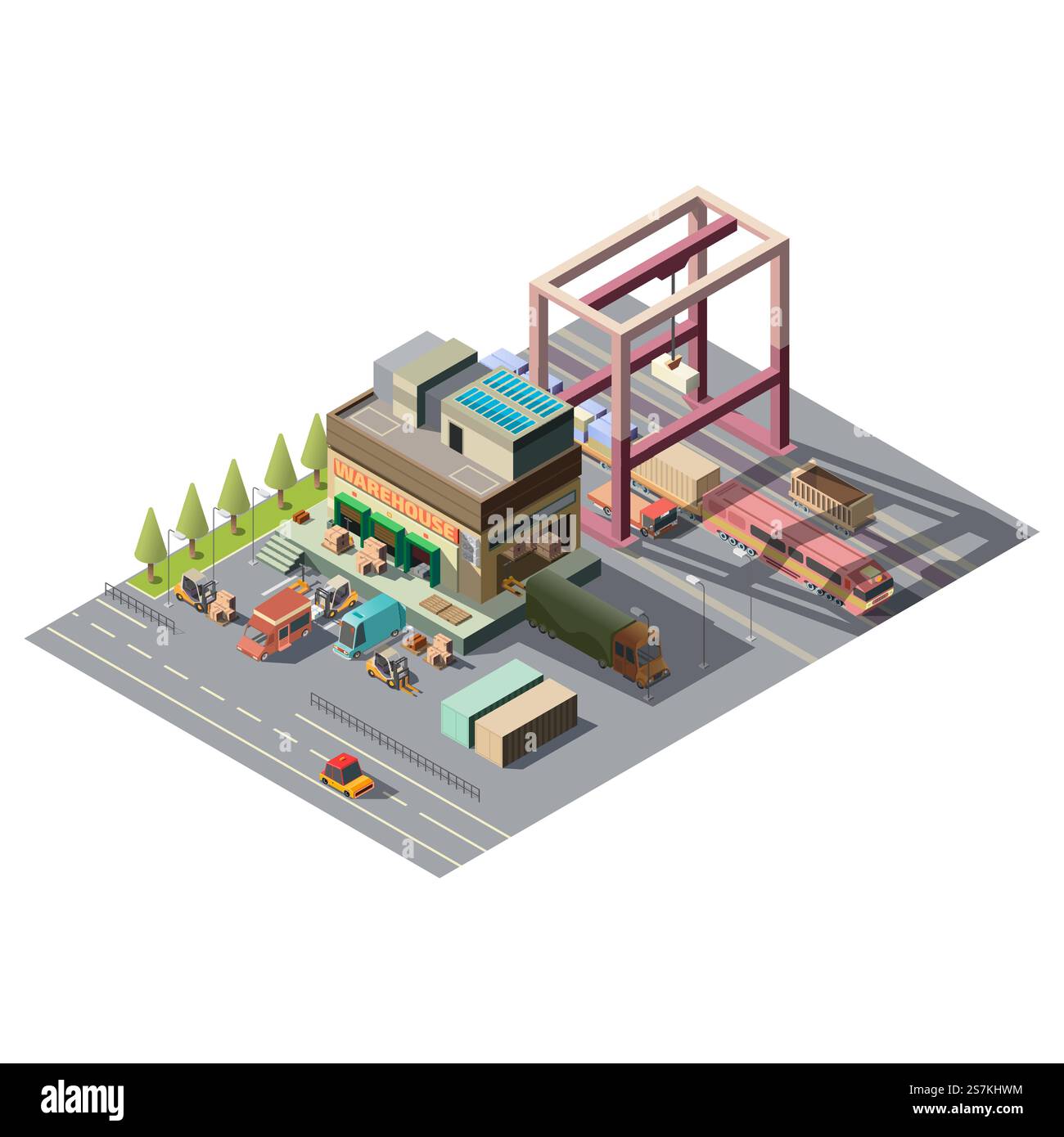 Commercial warehouse building with loading, unloading cargo vehicles ...