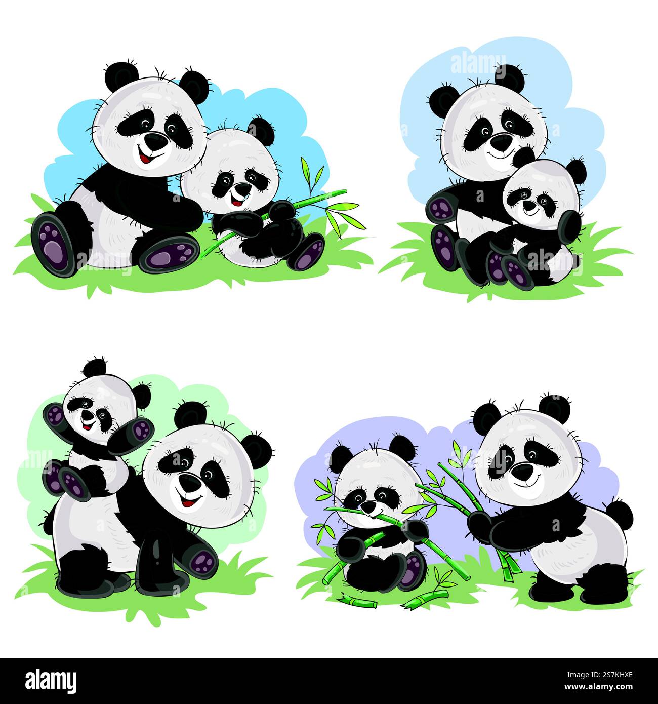 Cute baby panda bear and its mother playing on grass, eating bamboo ...