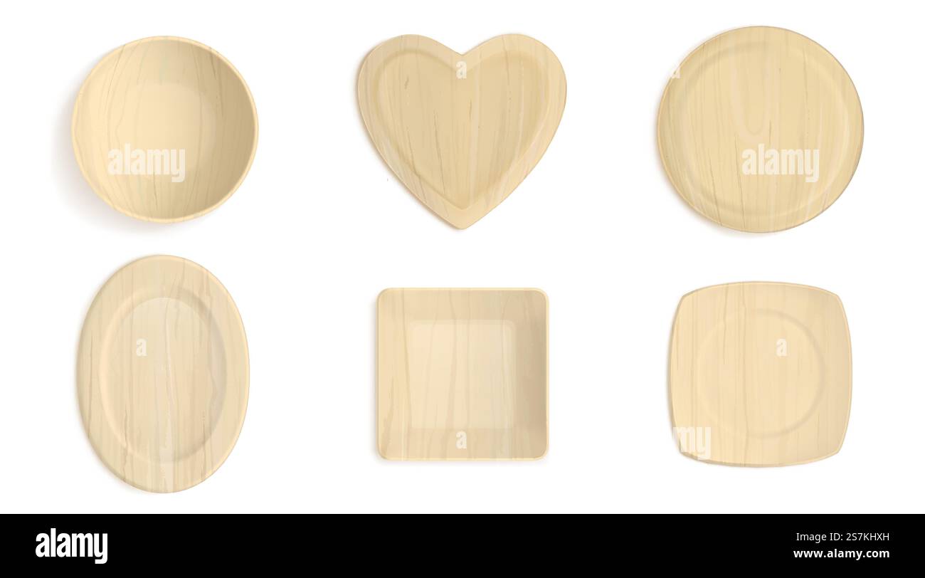 Empty wooden different shapes bowls top view. Realistic vector mockup ...