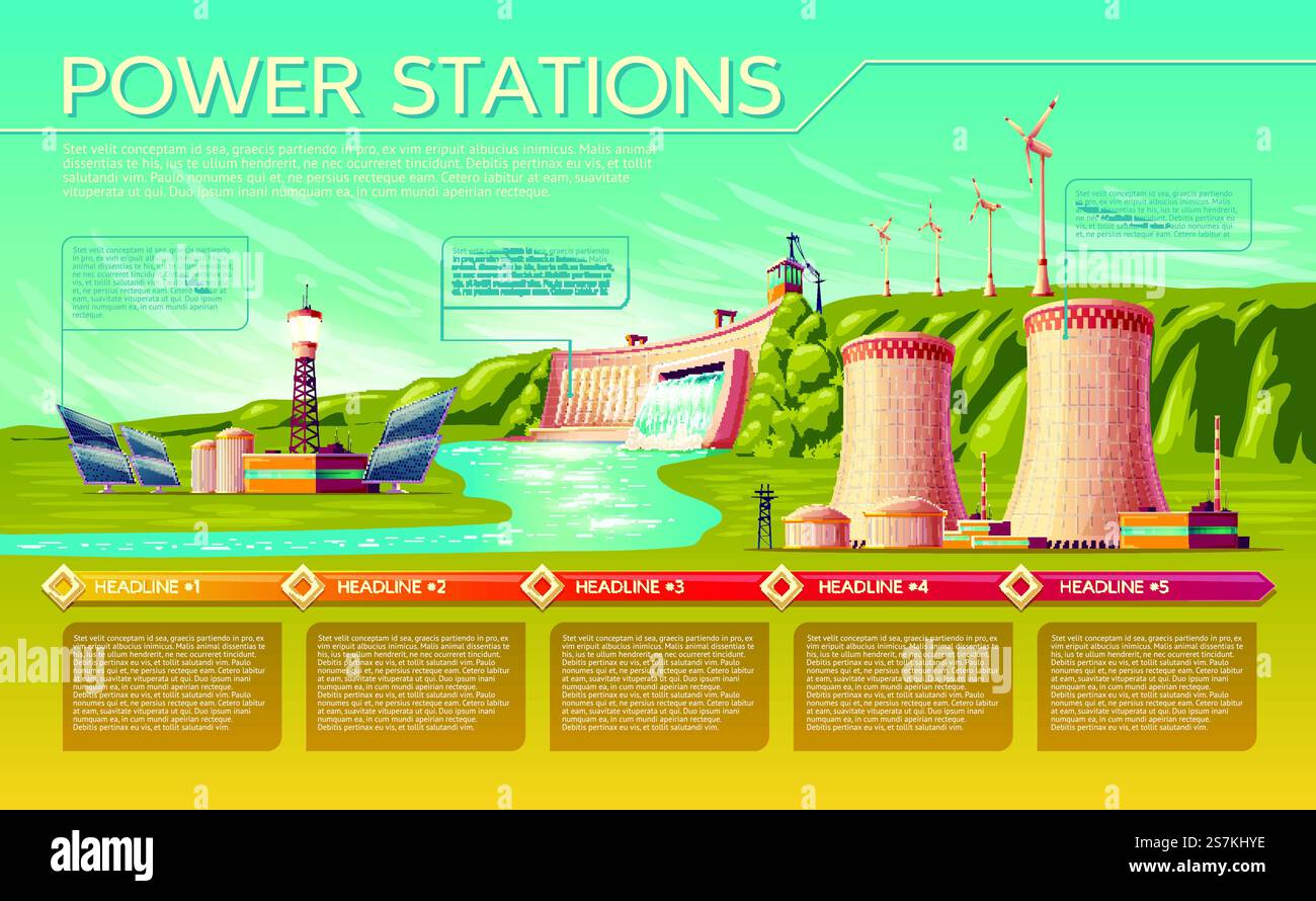 Vector cartoon energy stations alternative, renewable traditional ...