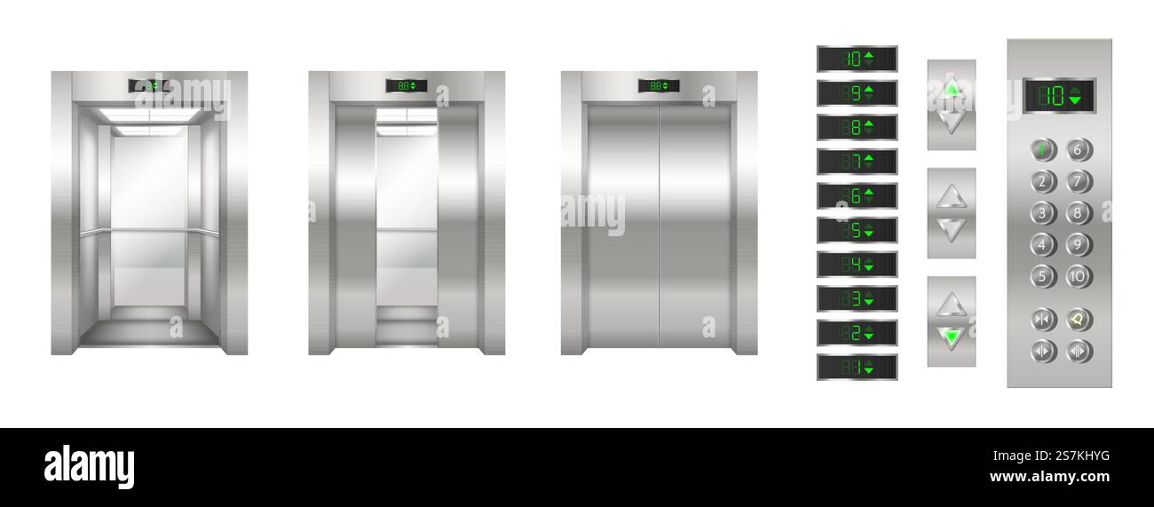 Realistic elevator set: open and closed chrome metal doors and button ...