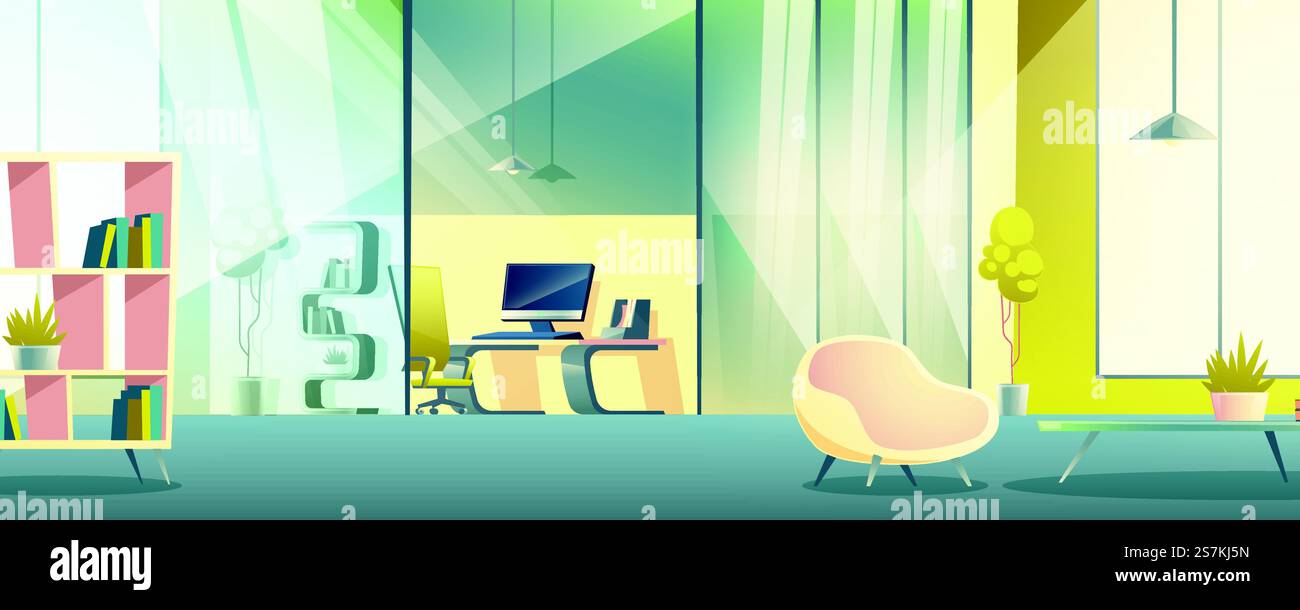 Modern business office, home work cabinet interior cartoon vector with ...