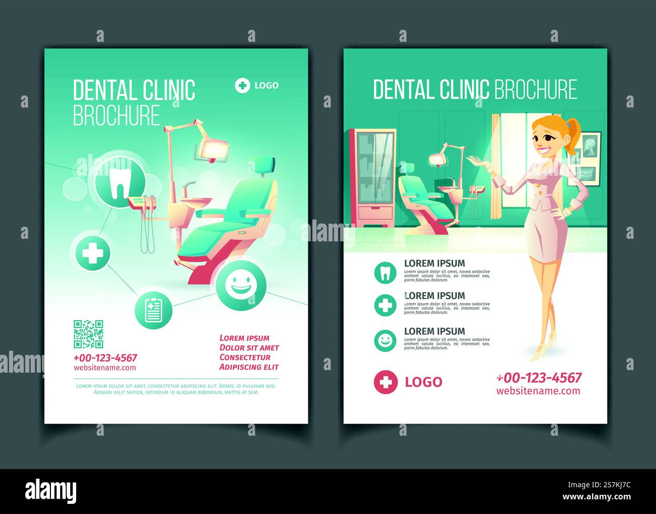 Dental clinic cartoon vector advertising brochure or promo booklet ...