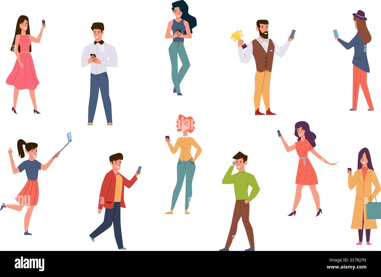 People with smartphones. Men and women talking on phone, checking ...