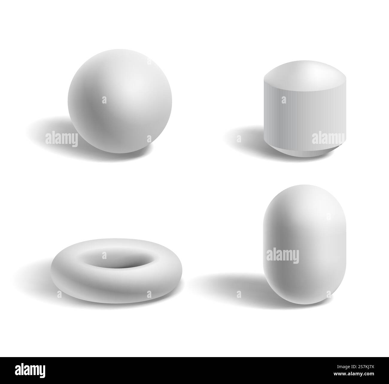 Basic 3d geometric shapes: sphere, torus, capsule white isolated ...