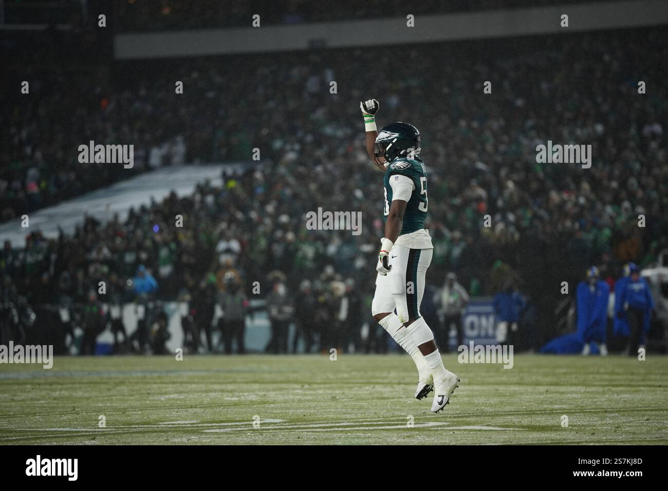 Philadelphia Eagles linebacker Jalyx Hunt (58) reacts after sacking Los ...