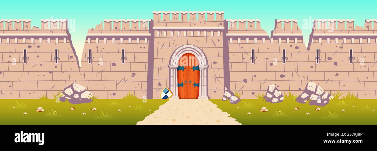 Medieval castle broken, ruined stone walls. Citadel after enemies ...