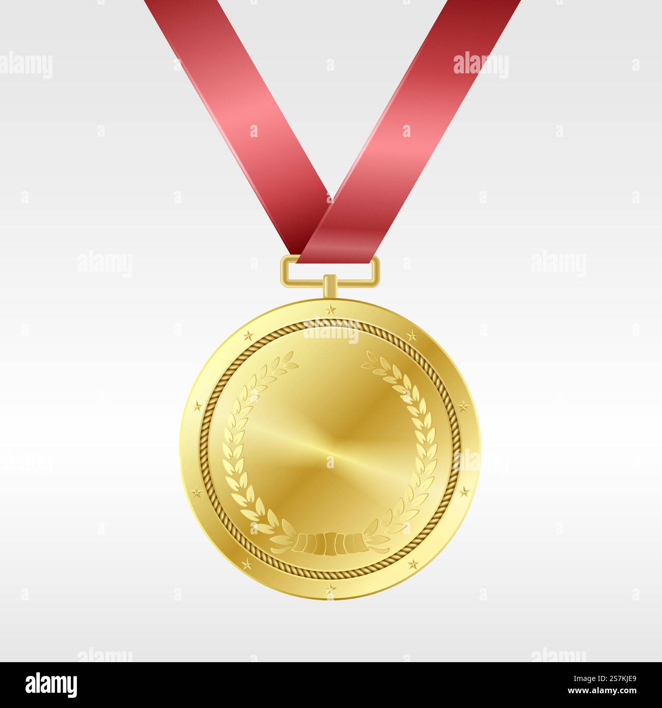 Realistic golden medal on red ribbon: award for first place in ...