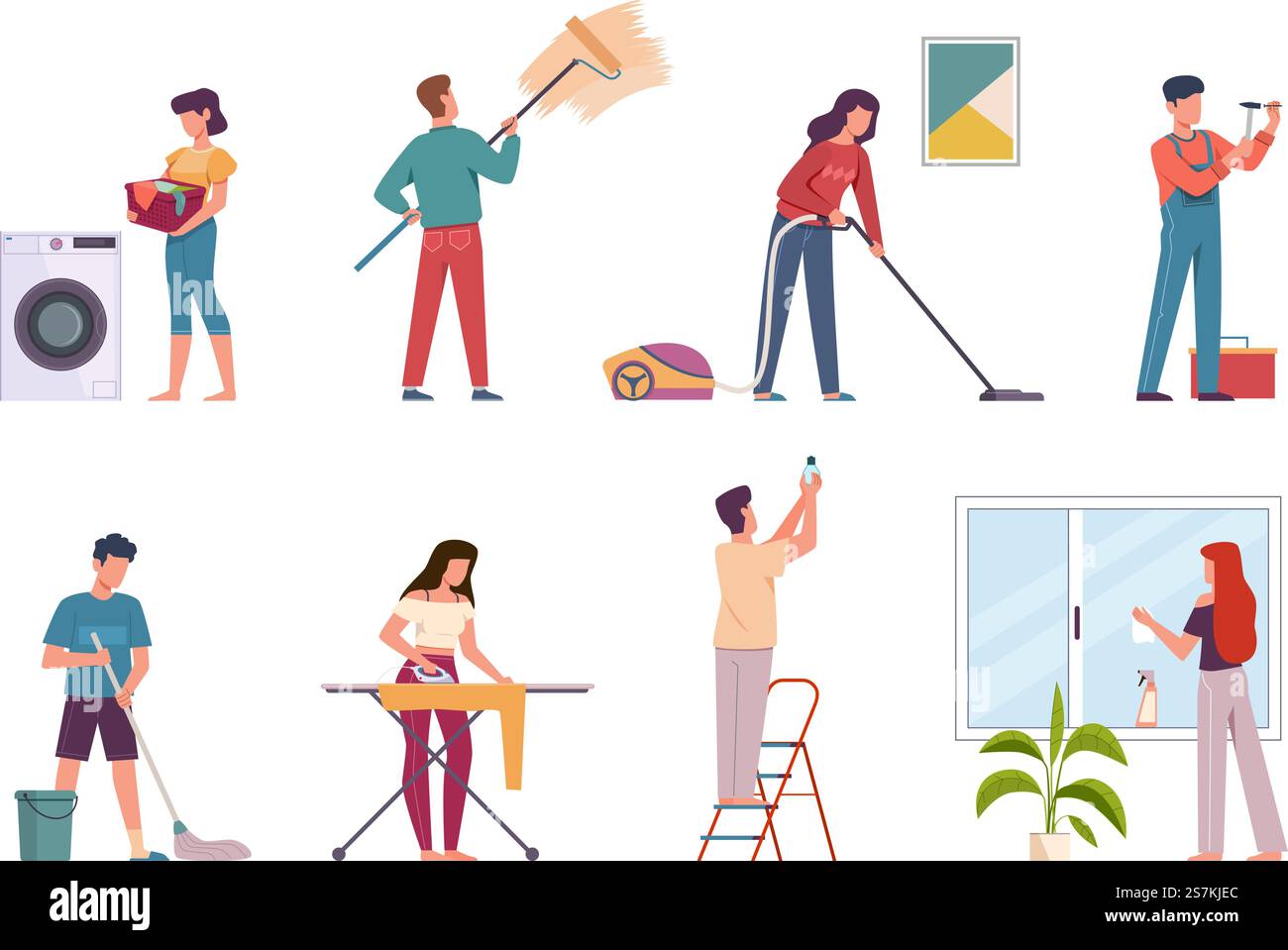 People cleaning. Housework cleaning company service, men and women ...