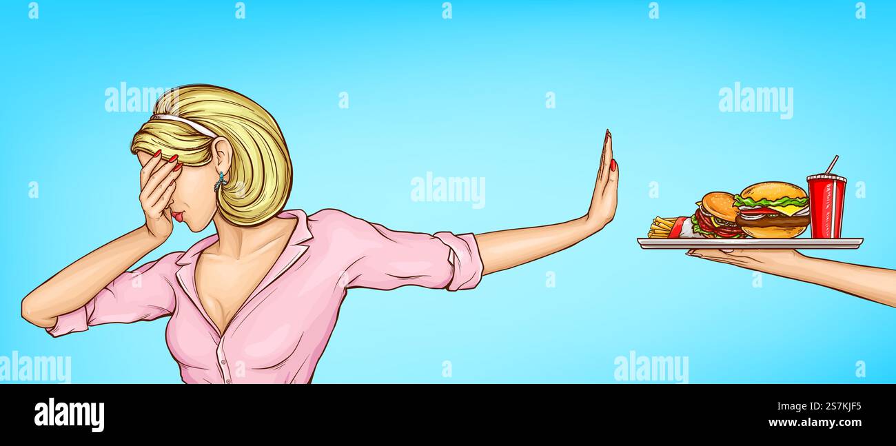 Fast food and harmful food refuse, suffering of strict diet pop art ...