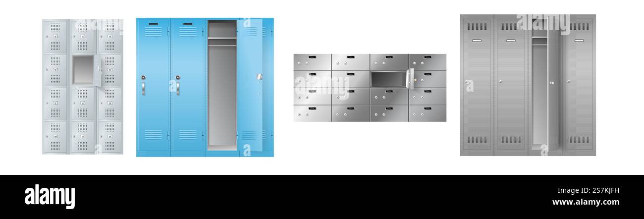 Set of realistic lockers for storage in school, gym, postal or bank ...