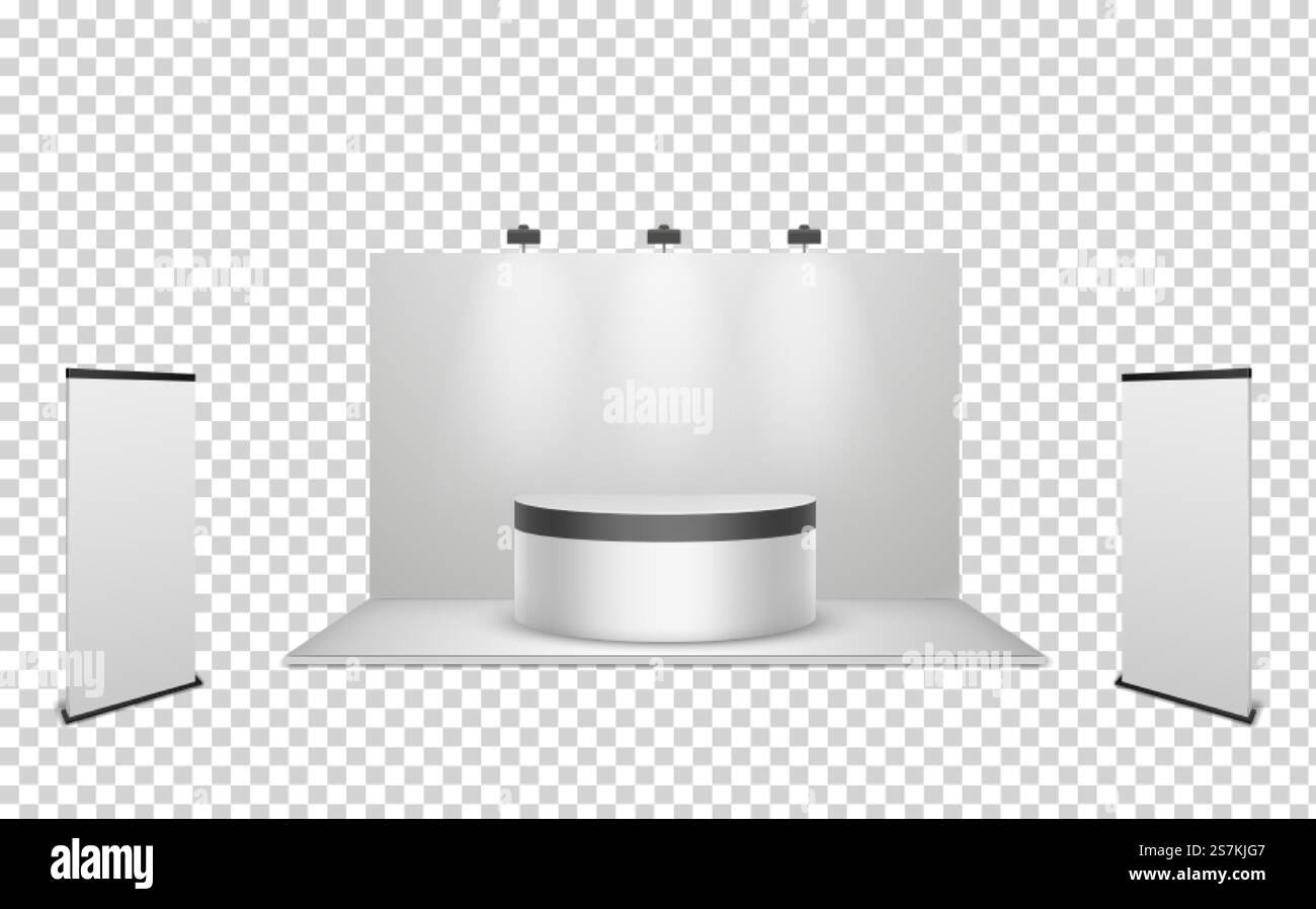 Exhibition stand. Creative white blank booth with wall lights, ad ...