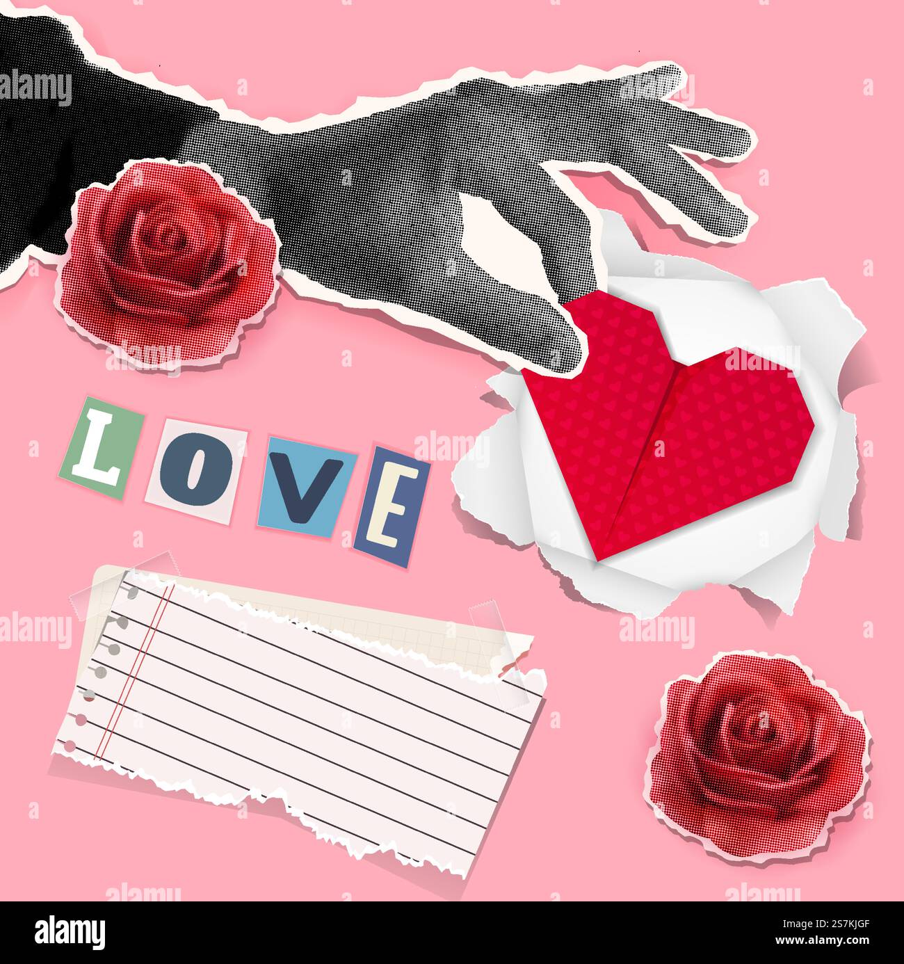 Hand reaching for a folded heart from a love collage with roses and ...