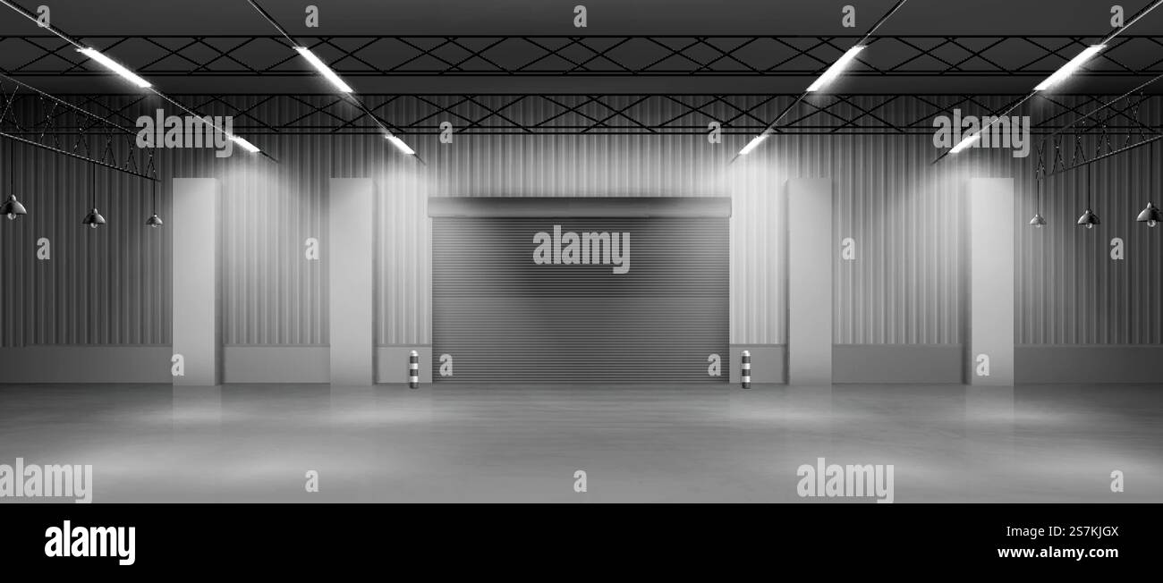 Empty industrial warehouse interior with concrete flooring ...