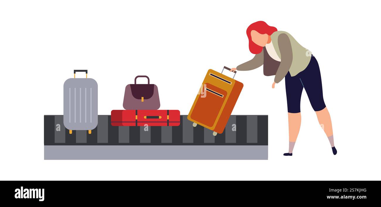 Baggage carousel in airport. Woman traveler picks up luggage and ...