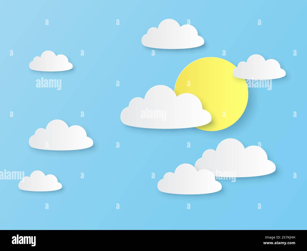 Paper sky with cloud. White clouds and sun on blue heaven, cut paper ...