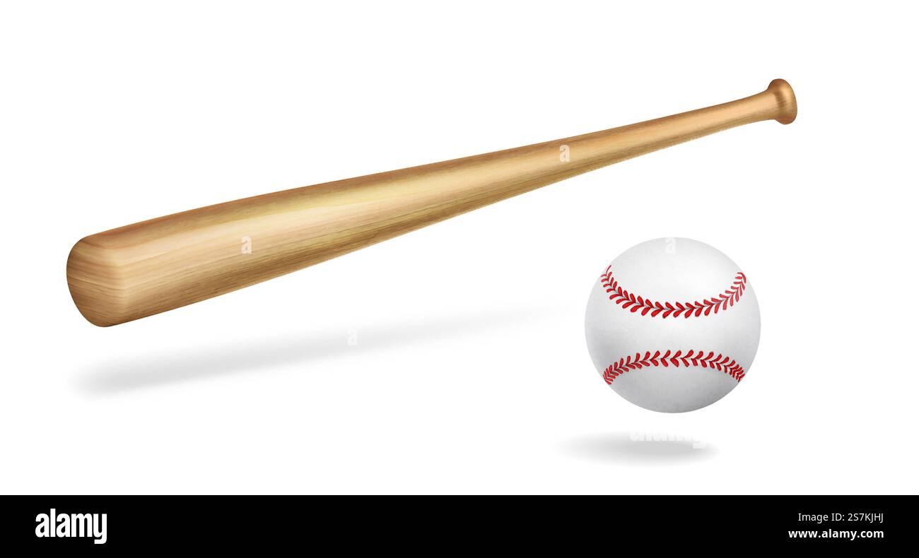 Wooden baseball bat and white leather ball with red strips perspective ...