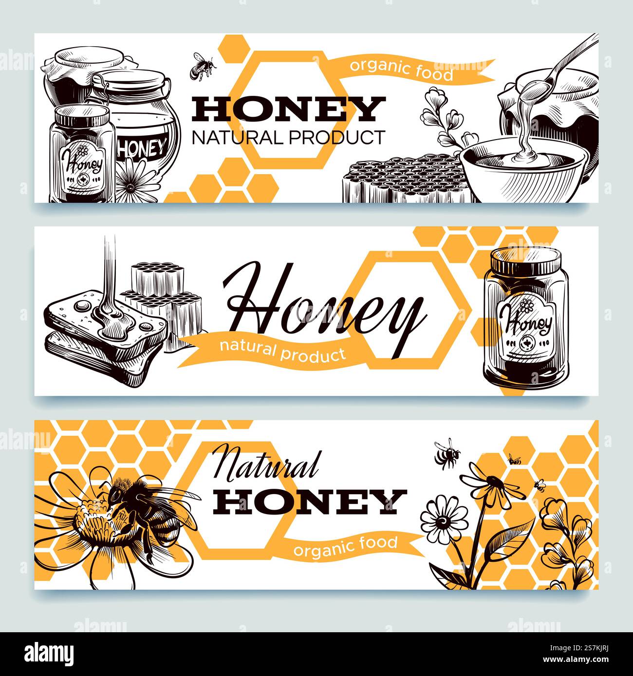 Honey banners. Hand drawn engraved honeycomb, bee and hive honeyed ...