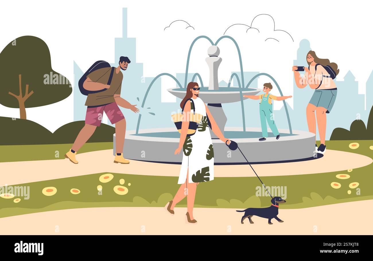 People at fountain in summer park walking have rest outdoors. Group of ...
