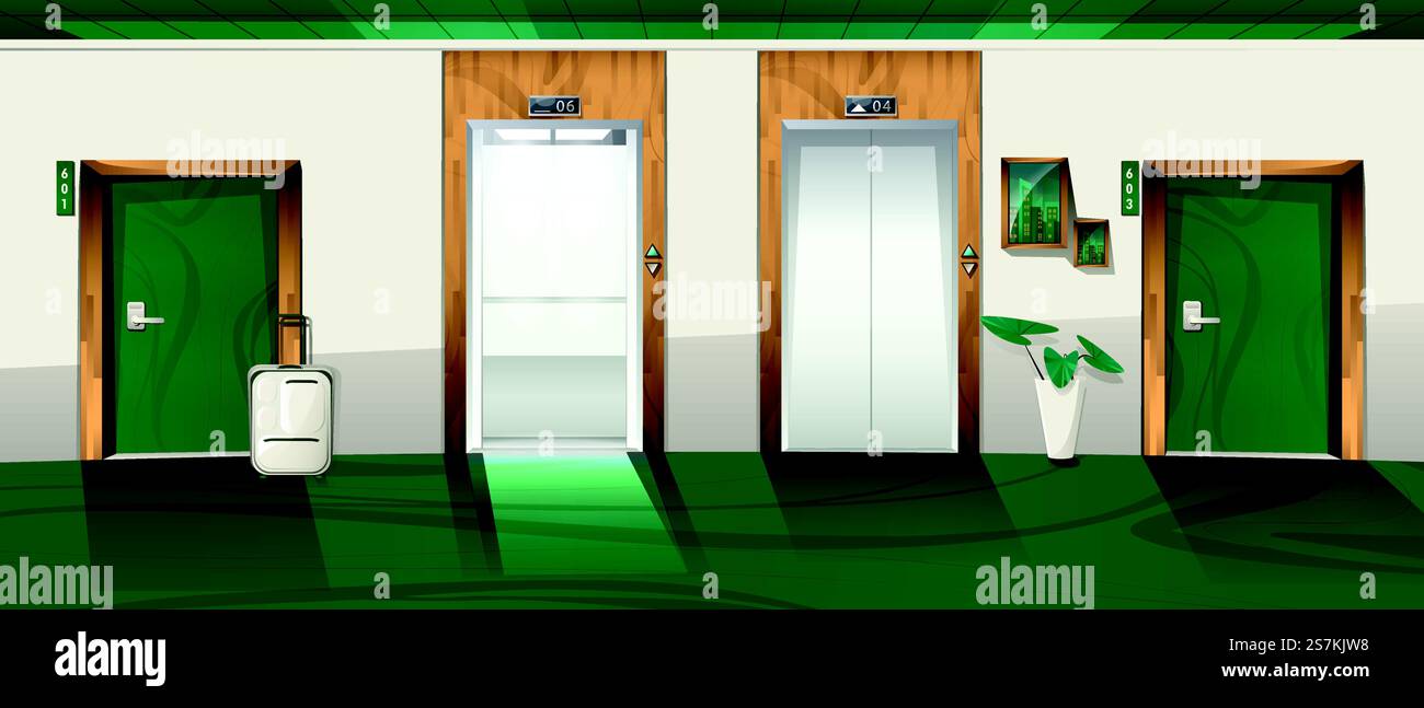 Hotel hallway with open and closed elevator doors and numbered rooms ...