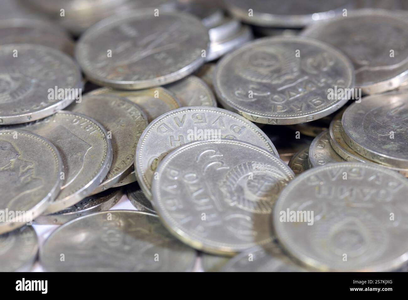 Close-up of different commemorative coins of the USSR ruble ...