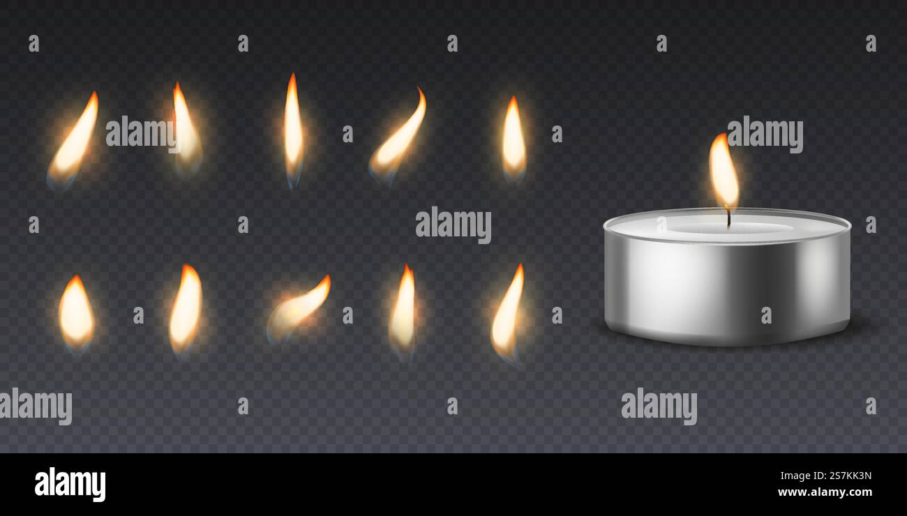 Tea wax candle with flame. Realistic round burning 3d candles light and ...