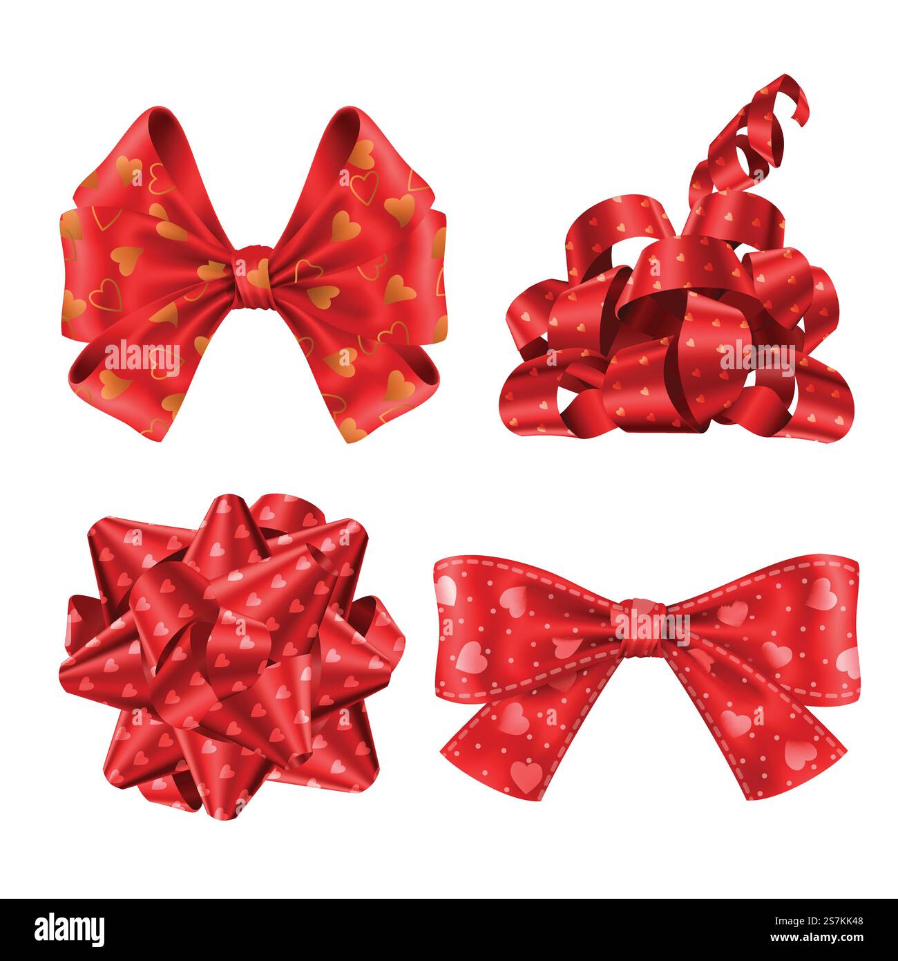 Ribbons and bows top and side view set. Collection of cute red festive ...