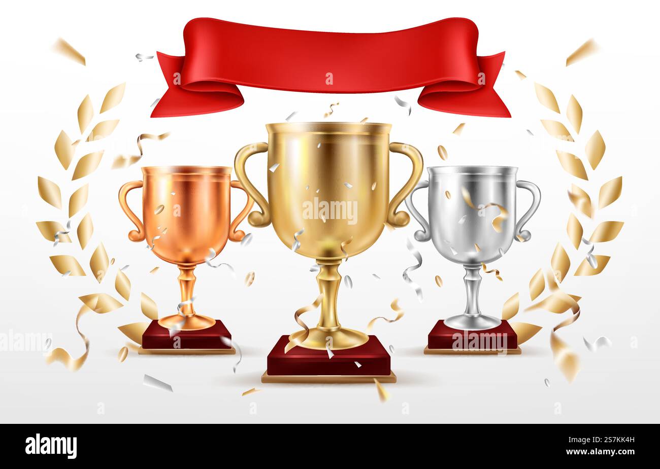 Golden, silver and bronze cups on red wood base standing together on ...