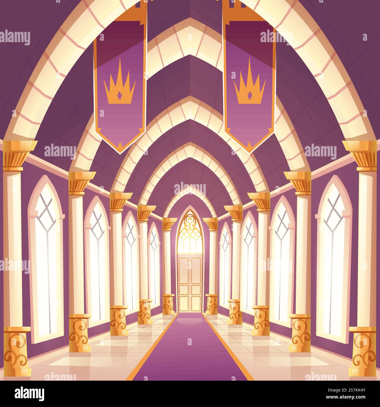 Palace hall, castle column empty corridor interior, gorgeous hallway with pillars, arched ...