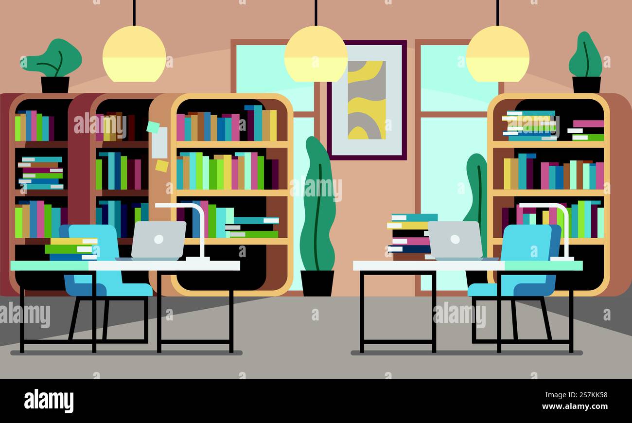 Library. Public reading room with bookcase, bookshelves, wooden desks ...