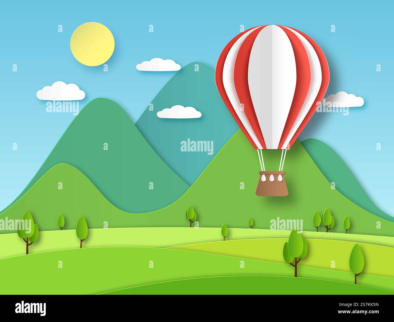 Hot air balloon paper. Origami art red flying baloon on background of ...