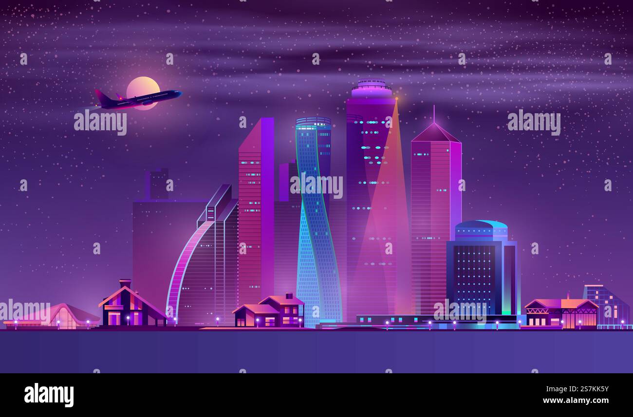 Vector modern megapolis and private houses at night, full moon. Bright ...