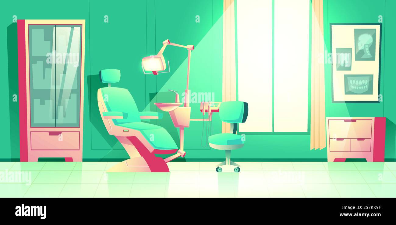Vector cabinet of dentist, cartoon interior with comfortable chair ...