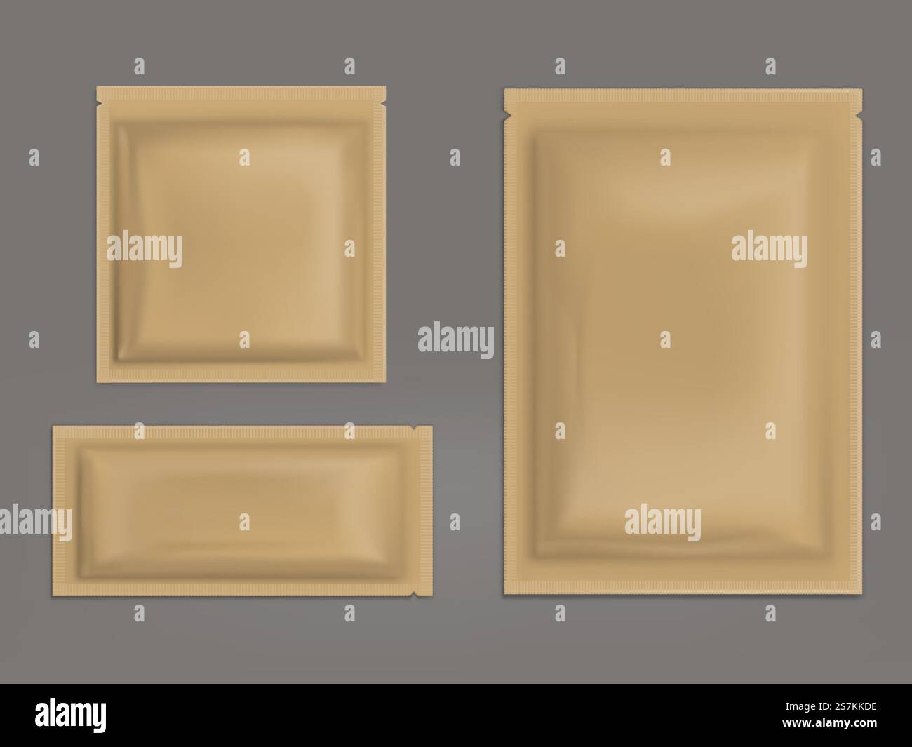 Blank, brown plastic sachets mock-up set. Wet wipes, sugar or salt ...