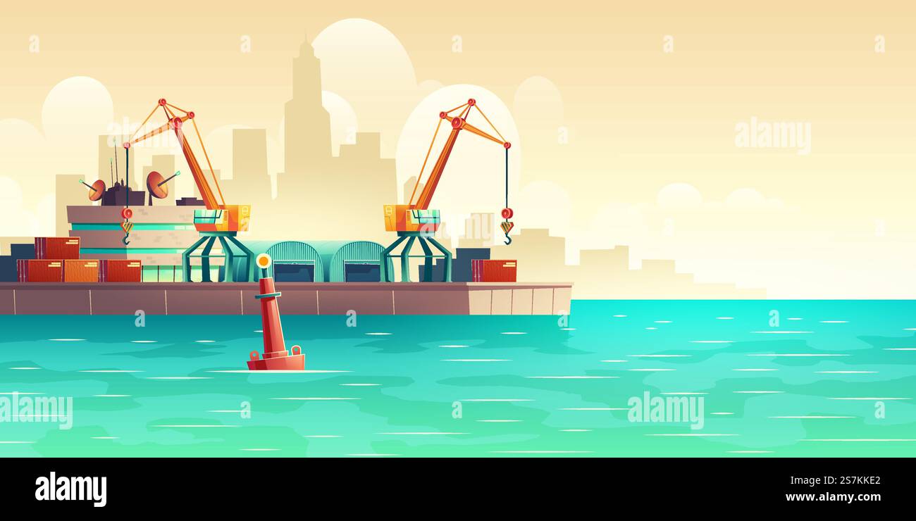 Metropolis cargo seaport with freight cranes on shore, loading, unloading containers, warehouse ...