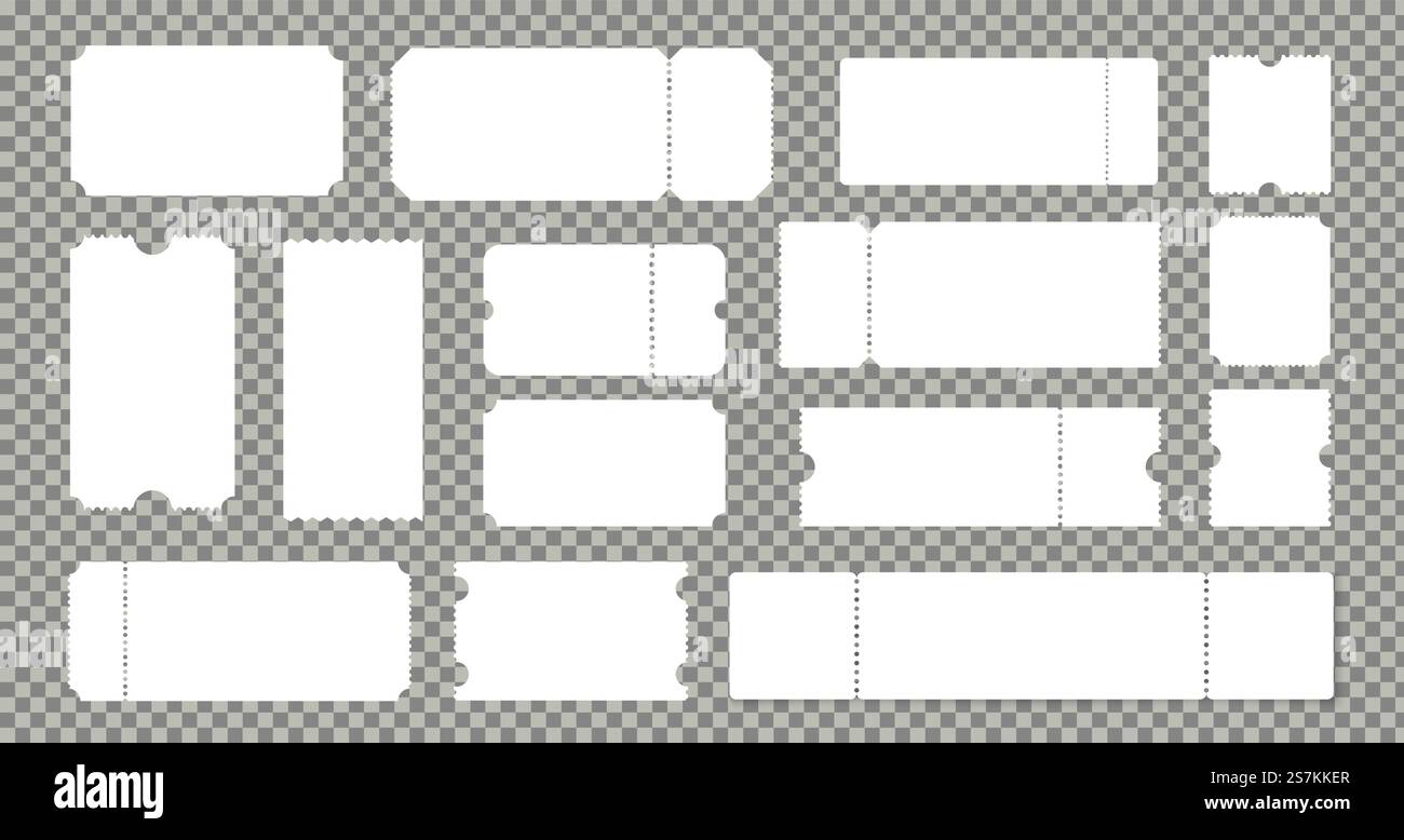 Empty cinema or theater ticket set. Empty lottery cardboard or paper coupons. Ribbed vintage ...