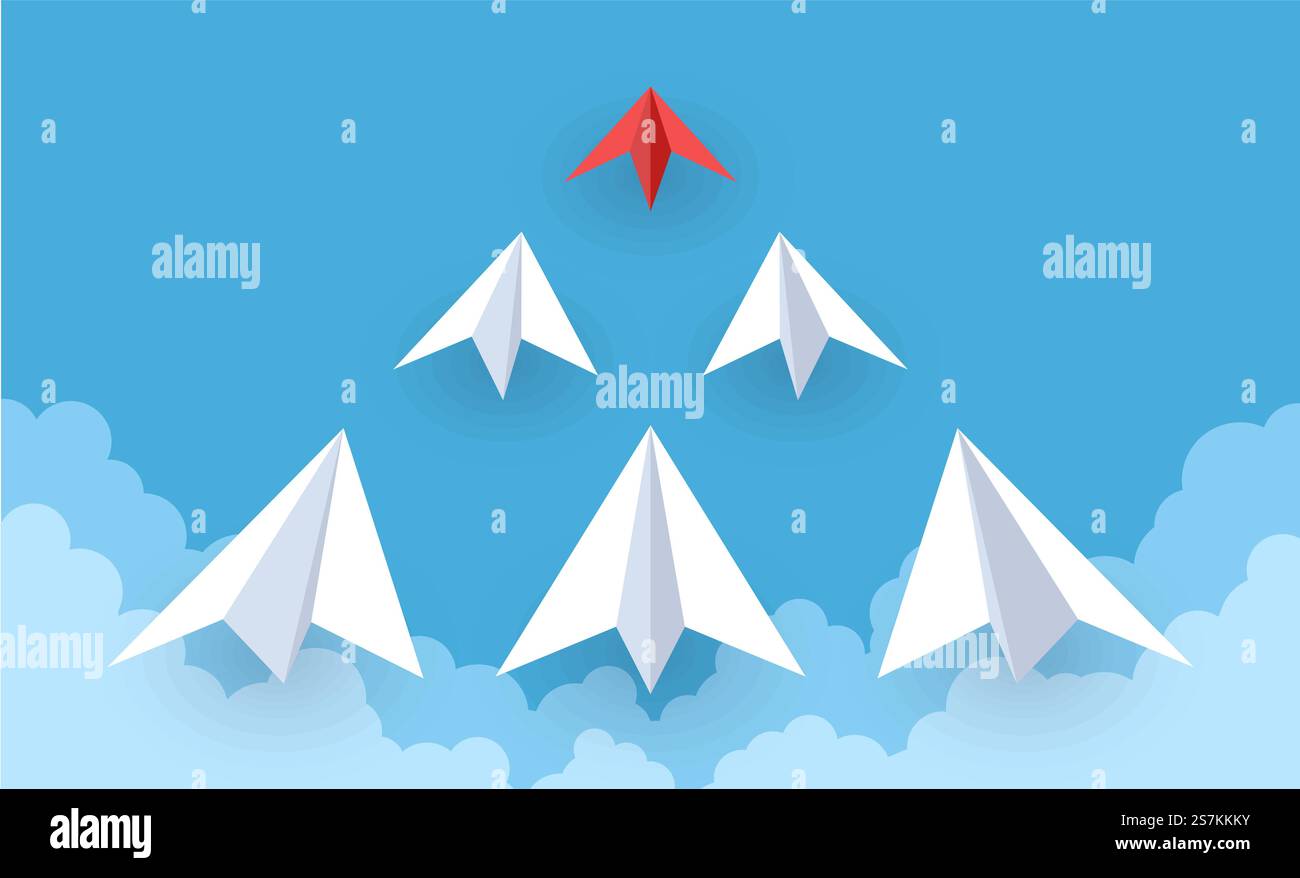 Paper plane. Red and white paper airplanes flying in sky, success goal, creative idea and ...