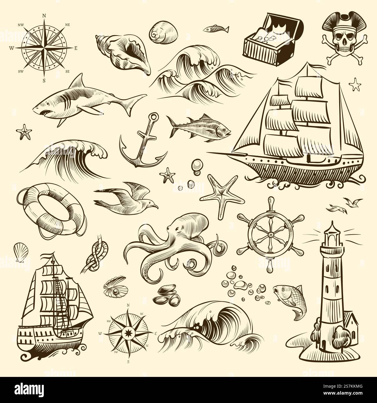 Pirate adventure set sea navigation engraved old fantasy objects hi-res ...