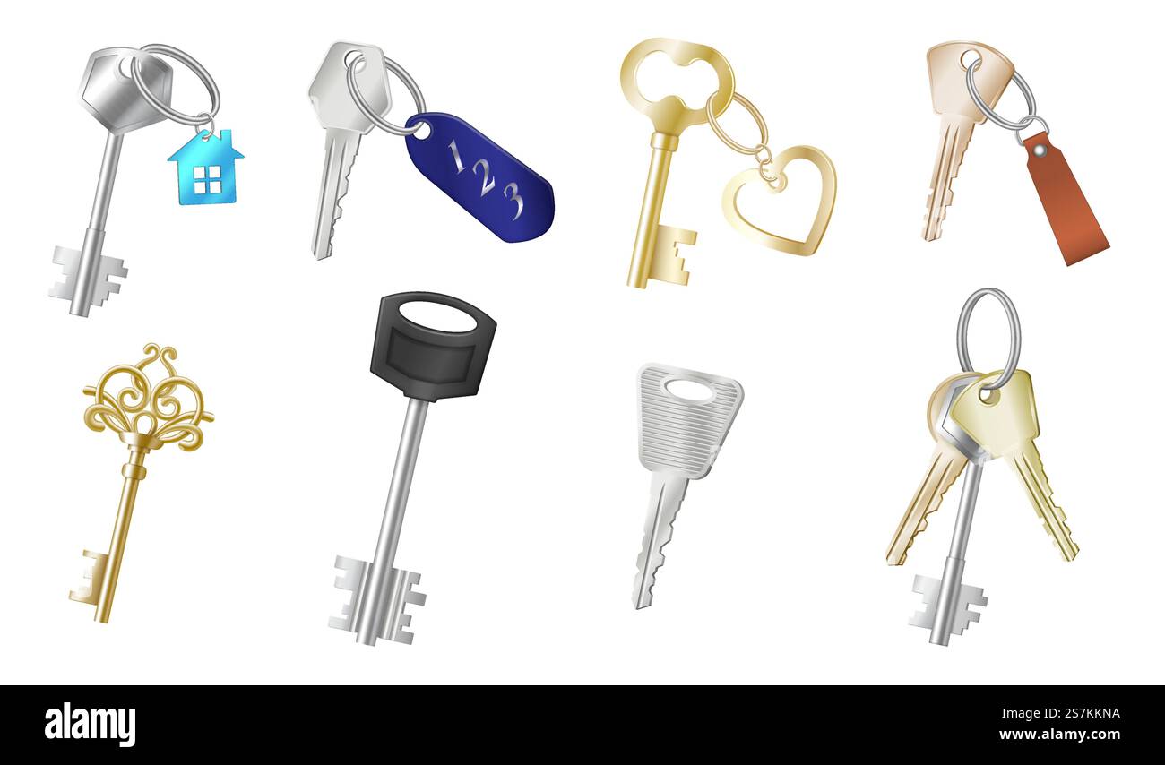 Set of realistic keys with different keychains on white background ...