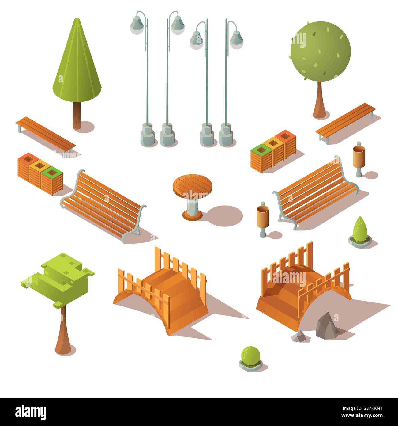 Isometric park set. Benches, trees, wooden bridges, litter bins design ...