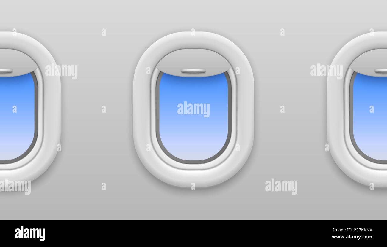 Plane window. Airplane windows with blue sky view, opened porthole in ...