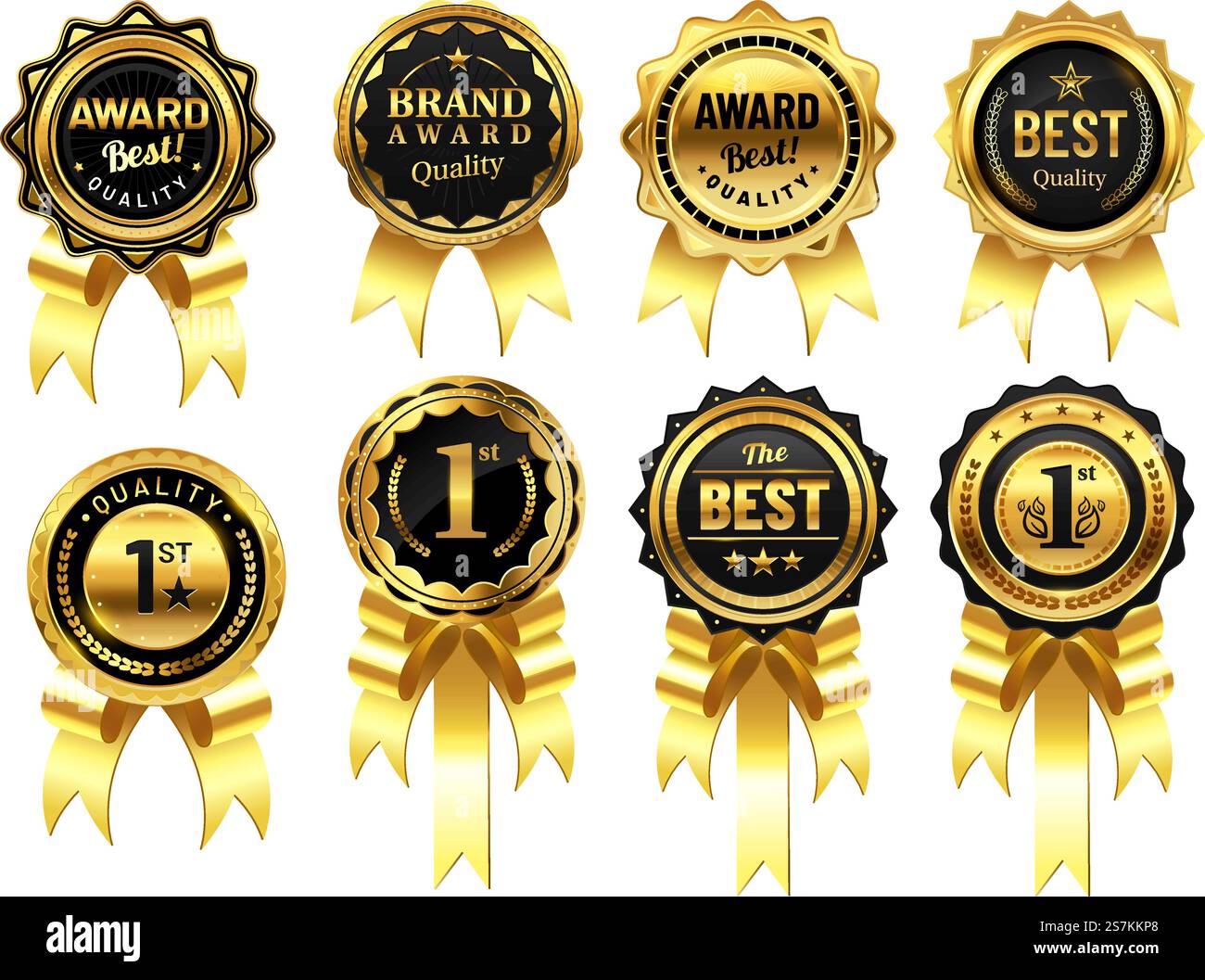 Luxury golden badges with ribbons. Award for best quality, first place ...