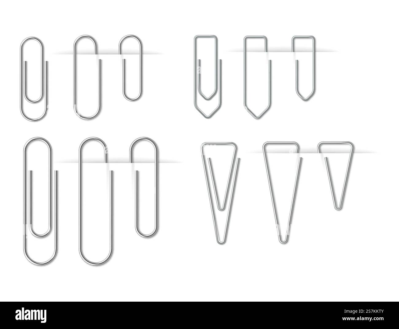 Realistic metal silver paper clips set isolated and attached on white ...